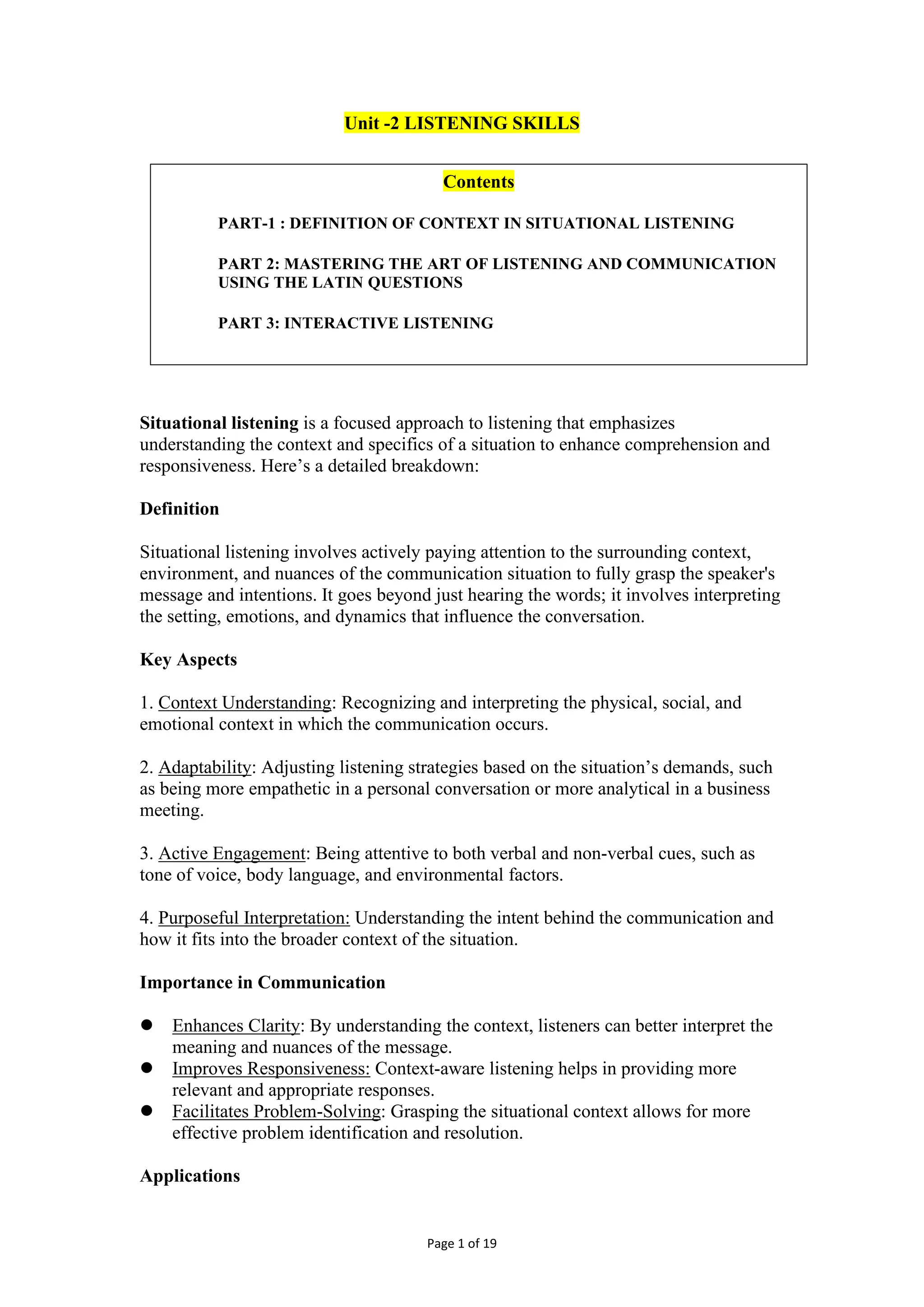 Unit 2 - Situational Listening in an organisational context | PDF