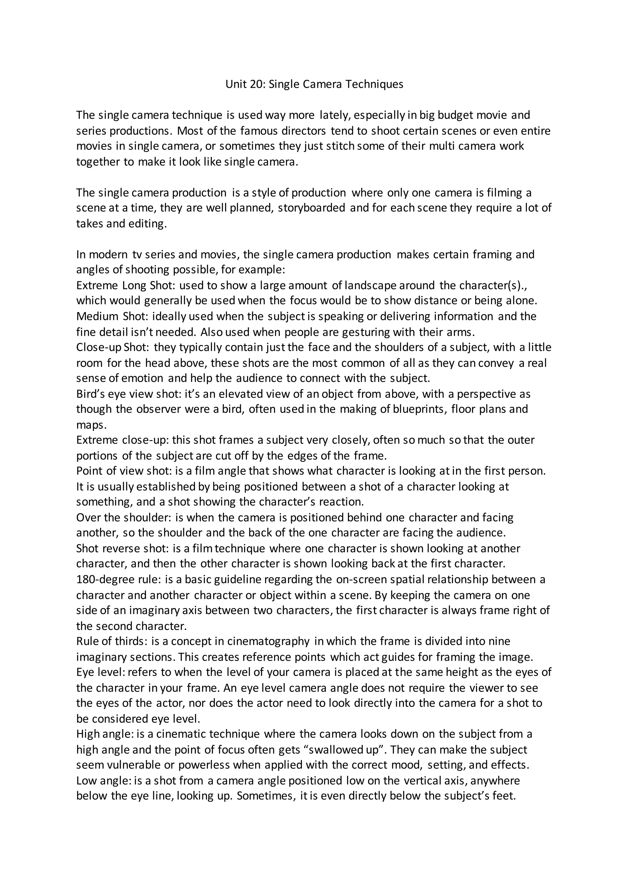 Unit 20- single camera productions | DOCX