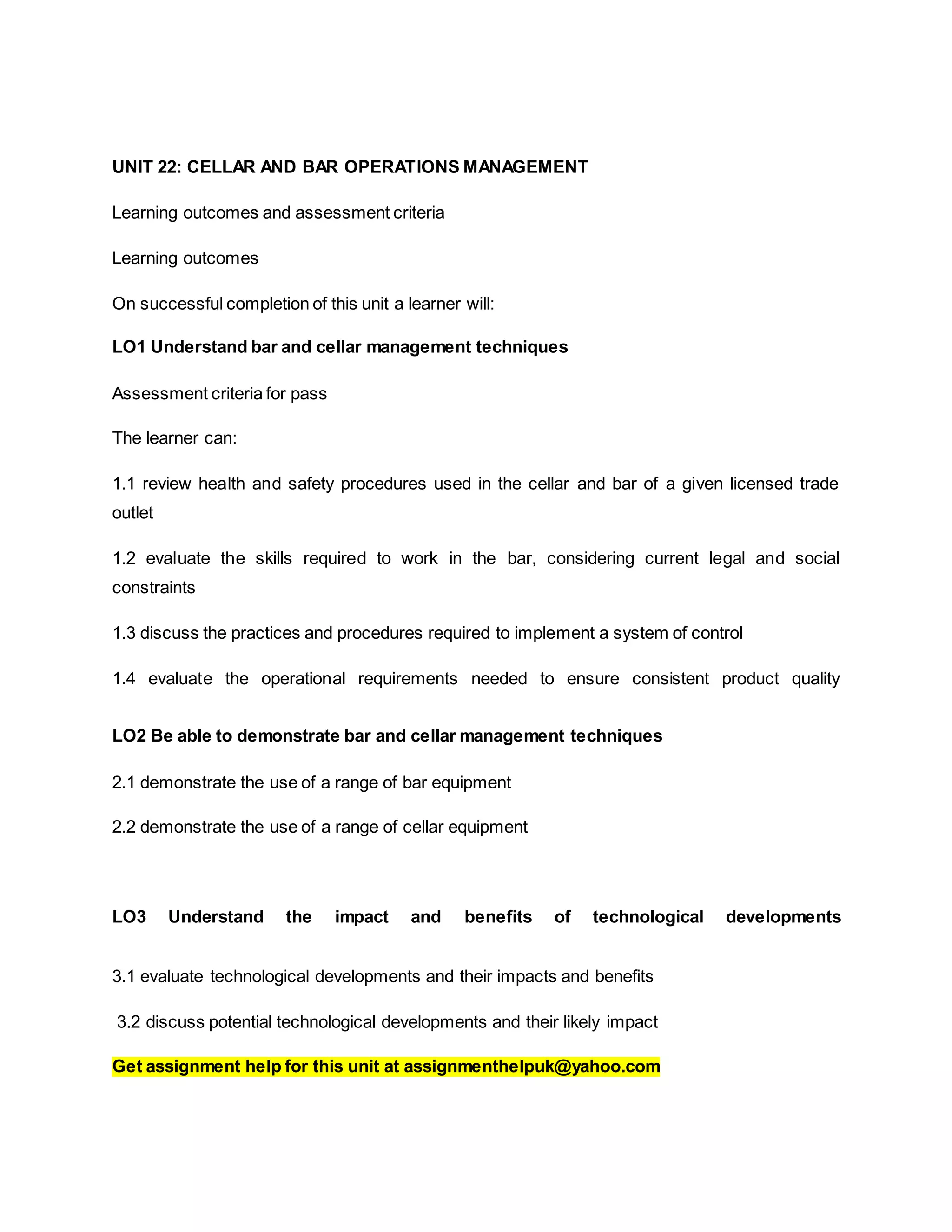 UNIT 22: CELLAR AND BAR OPERATIONS MANAGEMENT | DOCX