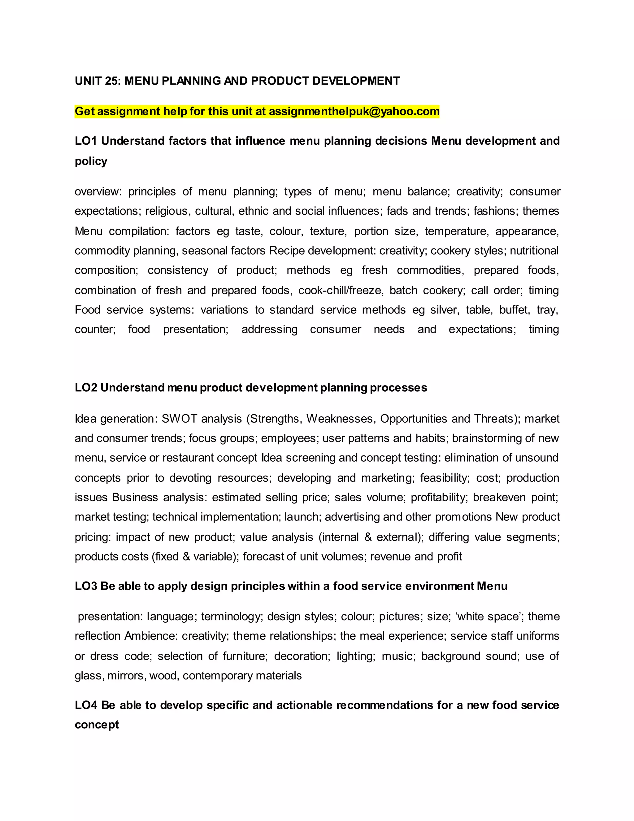 UNIT 25: MENU PLANNING AND PRODUCT DEVELOPMENT | DOCX