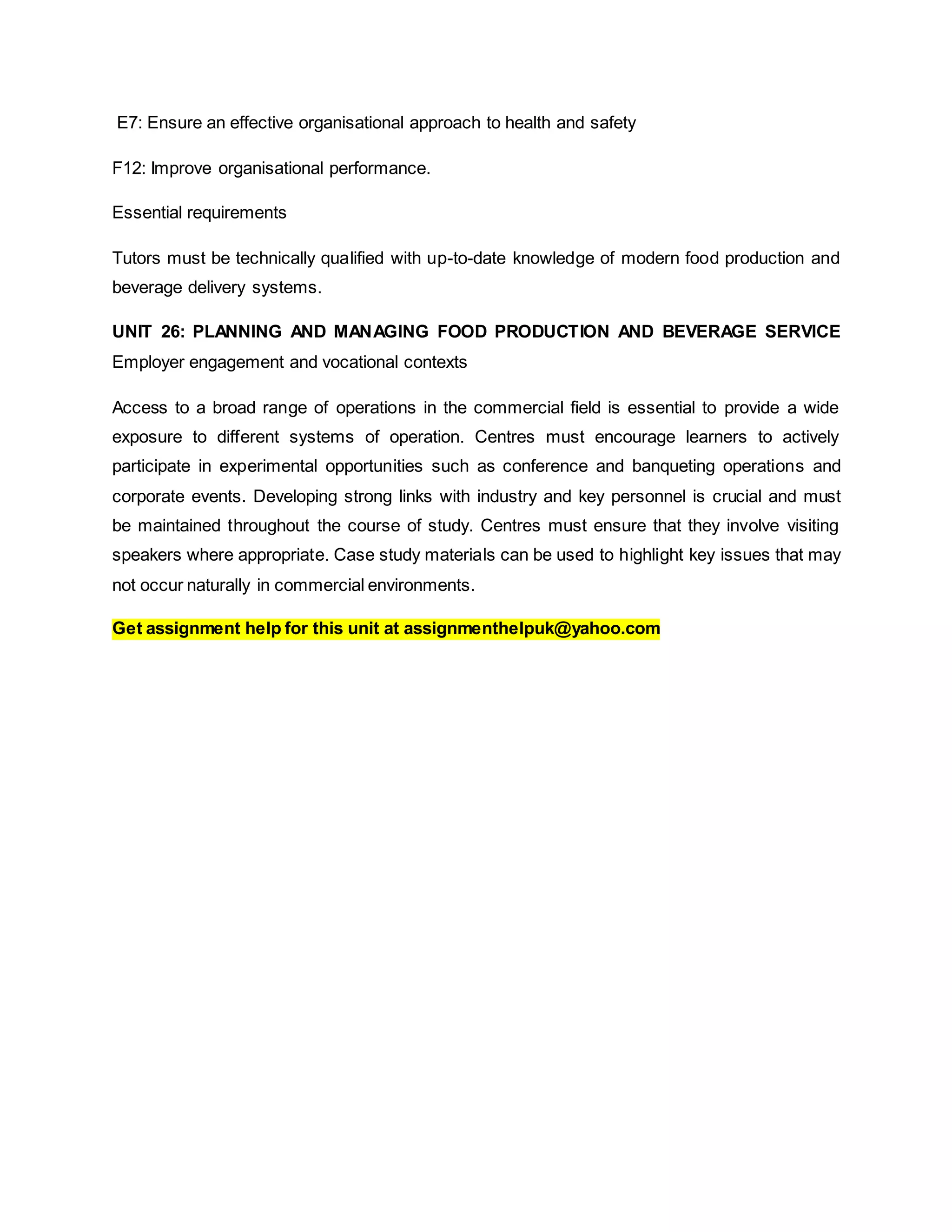 UNIT 26: PLANNING AND MANAGING FOOD PRODUCTION AND BEVERAGE SERVICE | DOCX