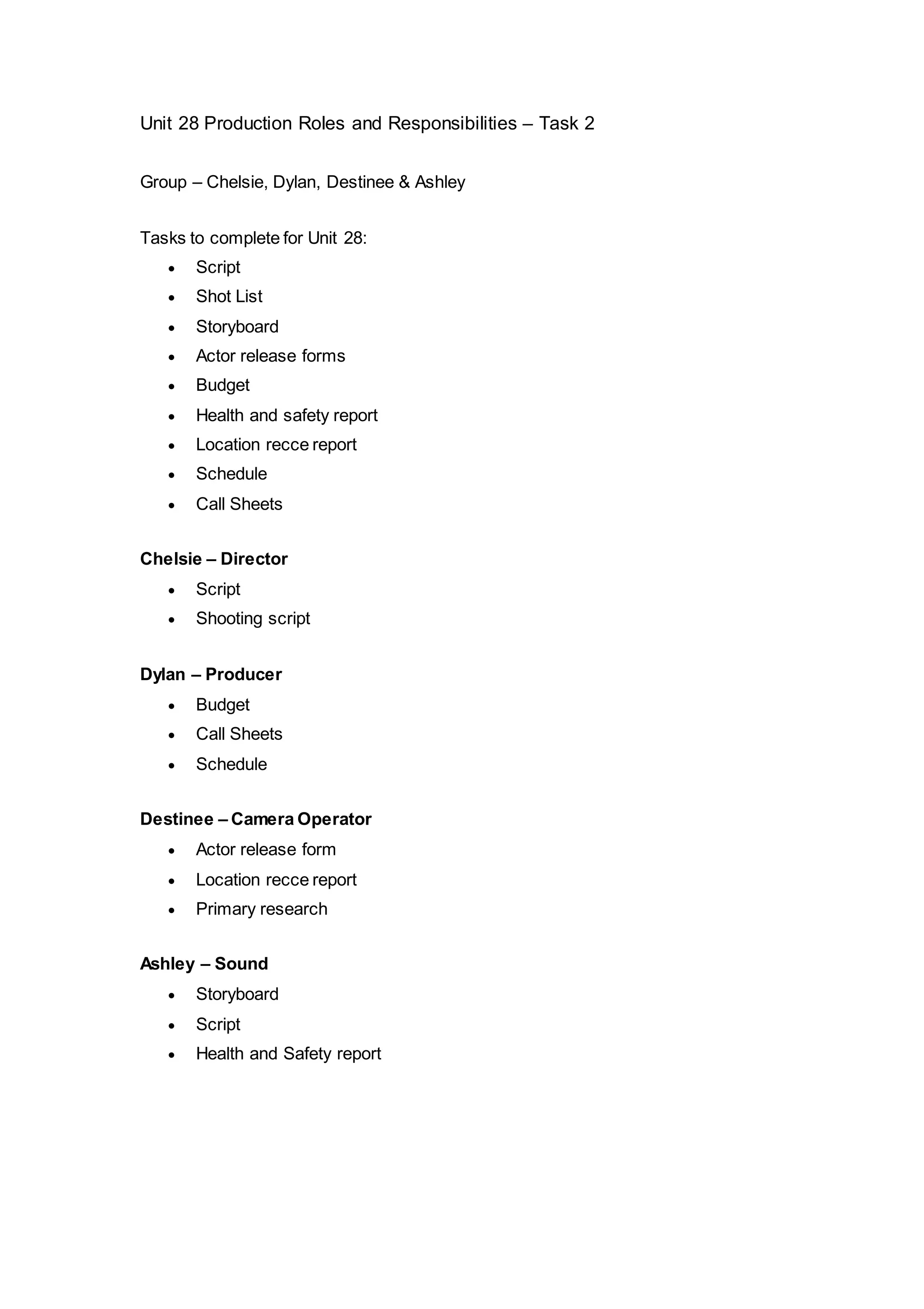 Unit 28 Production Roles And Responsibilities – Task 2 | DOCX