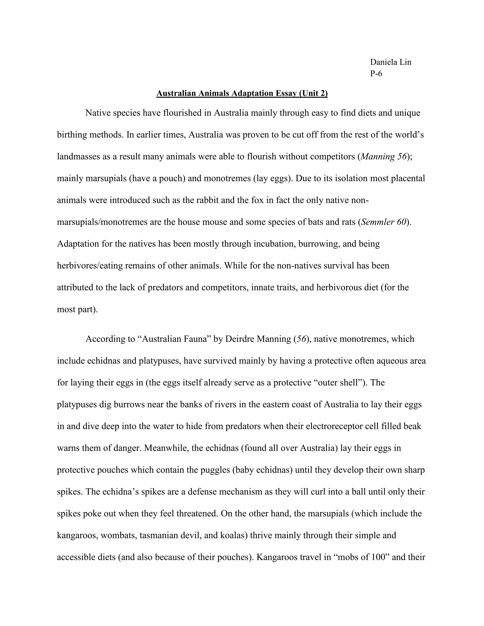 Unit2essay-Australian Animal Adaptation | DOCX