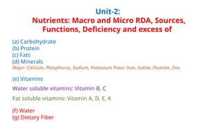 Nutrients: Macro and Micro RDA, Sources, Functions, Deficiency | PPTX