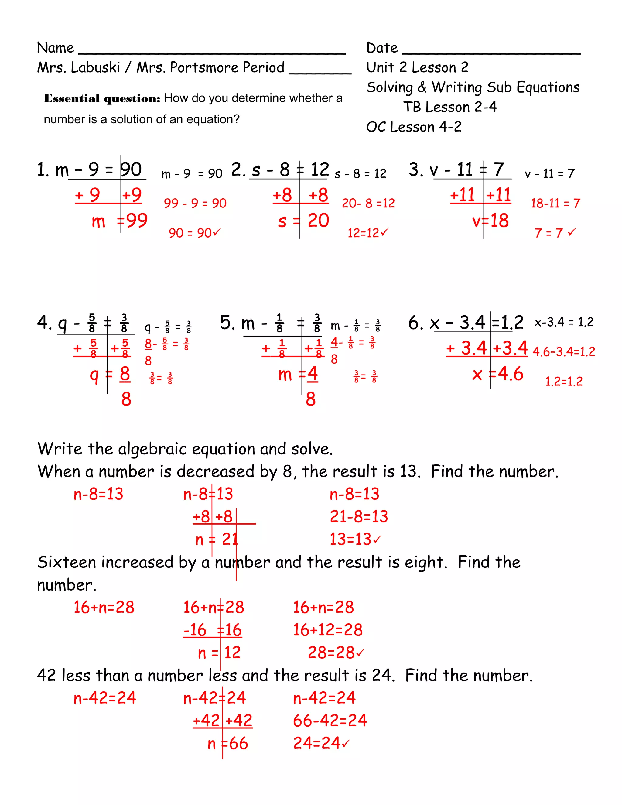 Unit 2 lesson 2 solving & writing subtraction equations | DOC