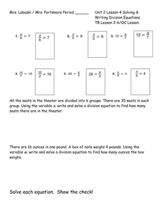 Unit 2 lesson 4 solving & writing division equations | DOC | Science