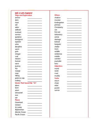 Vocabulary unit 2: Let's explore! | PDF