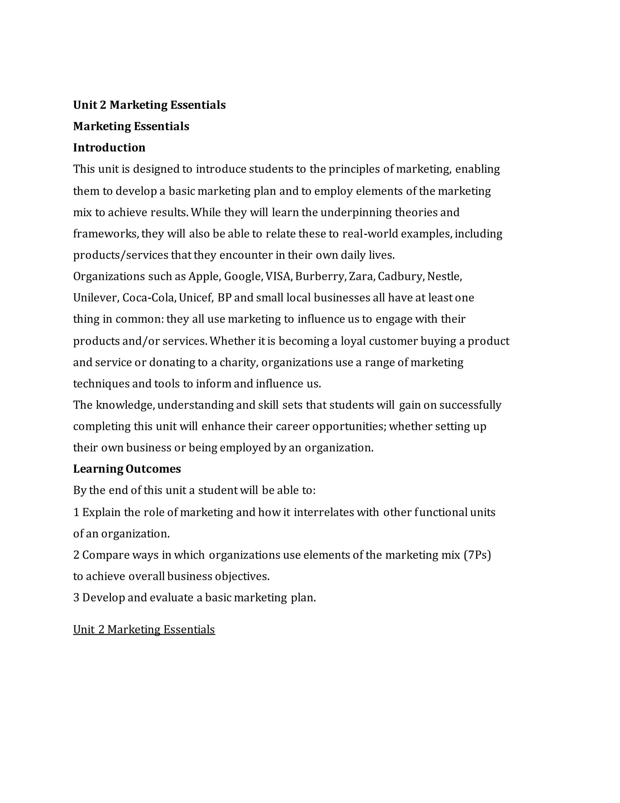 Unit 2 marketing essentials | DOCX