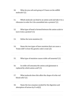 A2 OCR Biology - Unit 2 - Module 1 Revision Quiz | DOCX