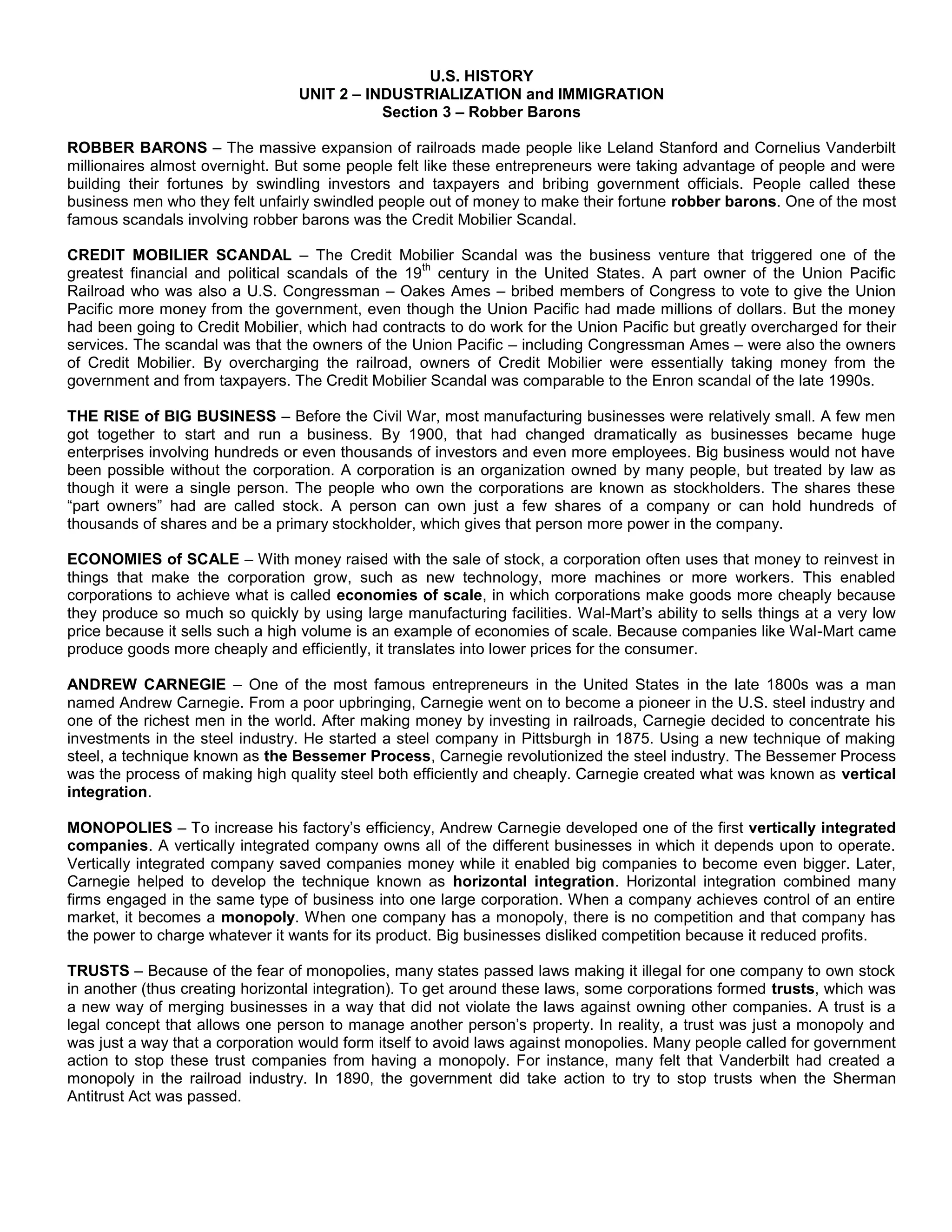 Unit 2 notes (industrialization and immiigration) | PDF