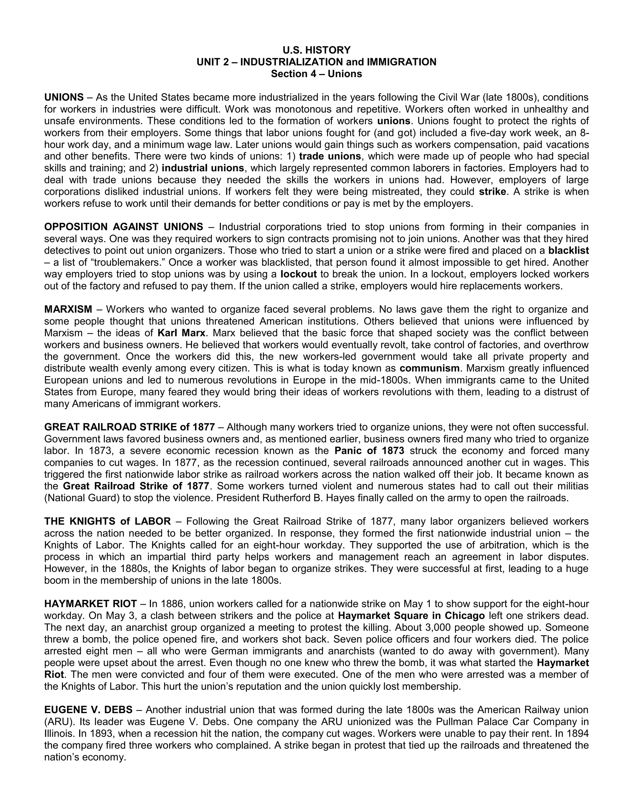 Unit 2 notes (industrialization and immiigration) | PDF