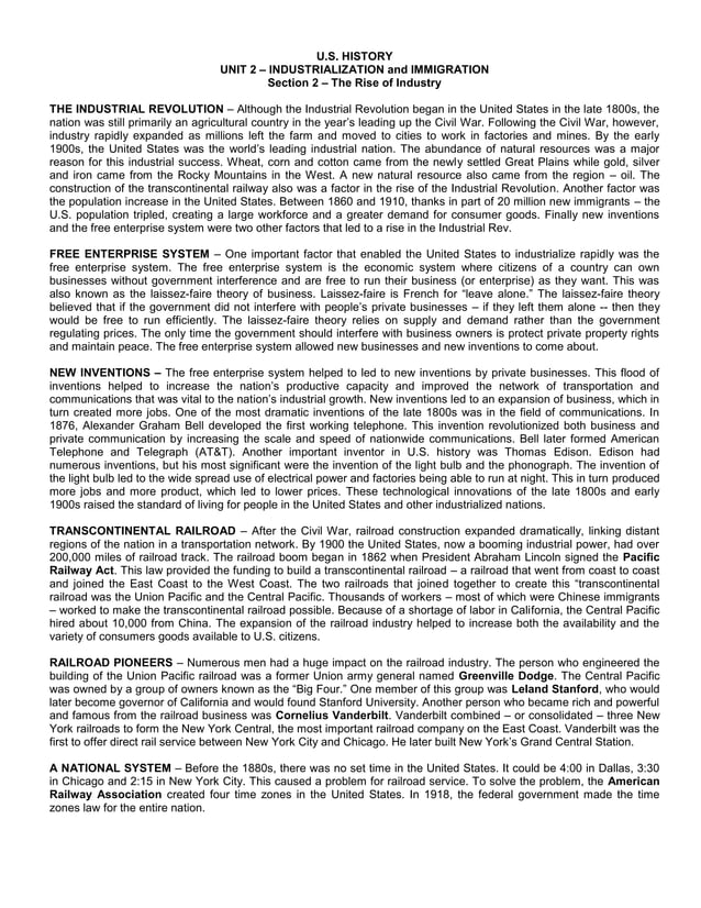 Unit 2 notes (industrialization and immiigration) | PDF
