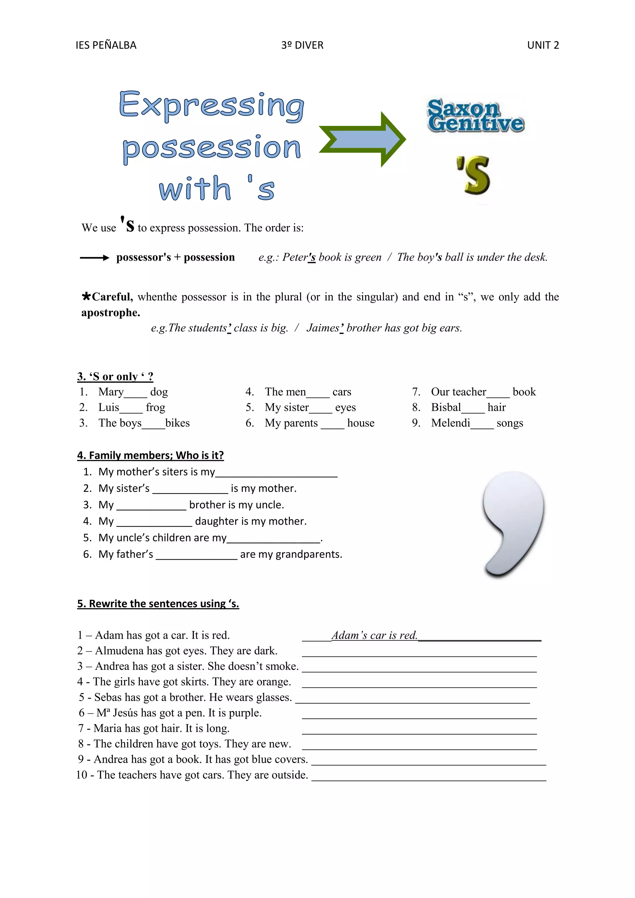 Unit 2 possessive adjectives | PDF