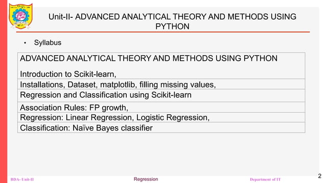 Unit2_Regression, ADVANCED ANALYTICAL THEORY AND METHODS USING PYTHON | PPTX | Computing ...