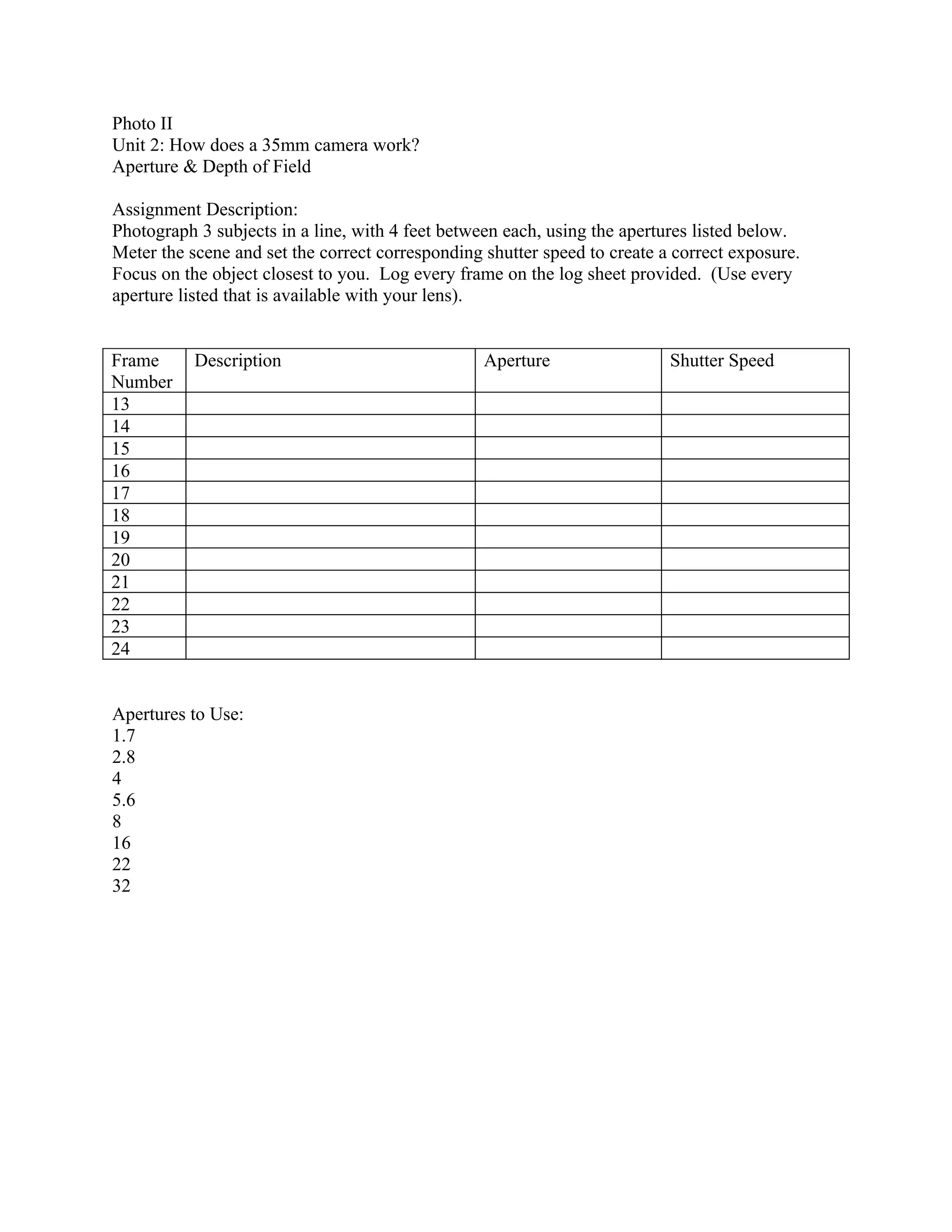 Photo 2 Unit 2 shutter speed aperture project log sheet | DOC