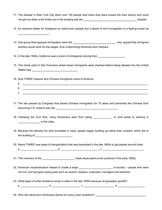 Unit 2 study guide (immigration and industrialization) | PDF