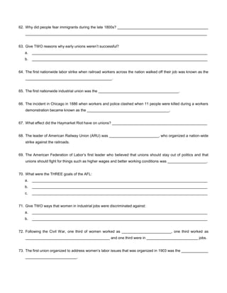 Unit 2 study guide (immigration and industrialization) | PDF