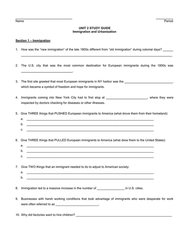 Unit 2 study guide (immigration and industrialization) | PDF