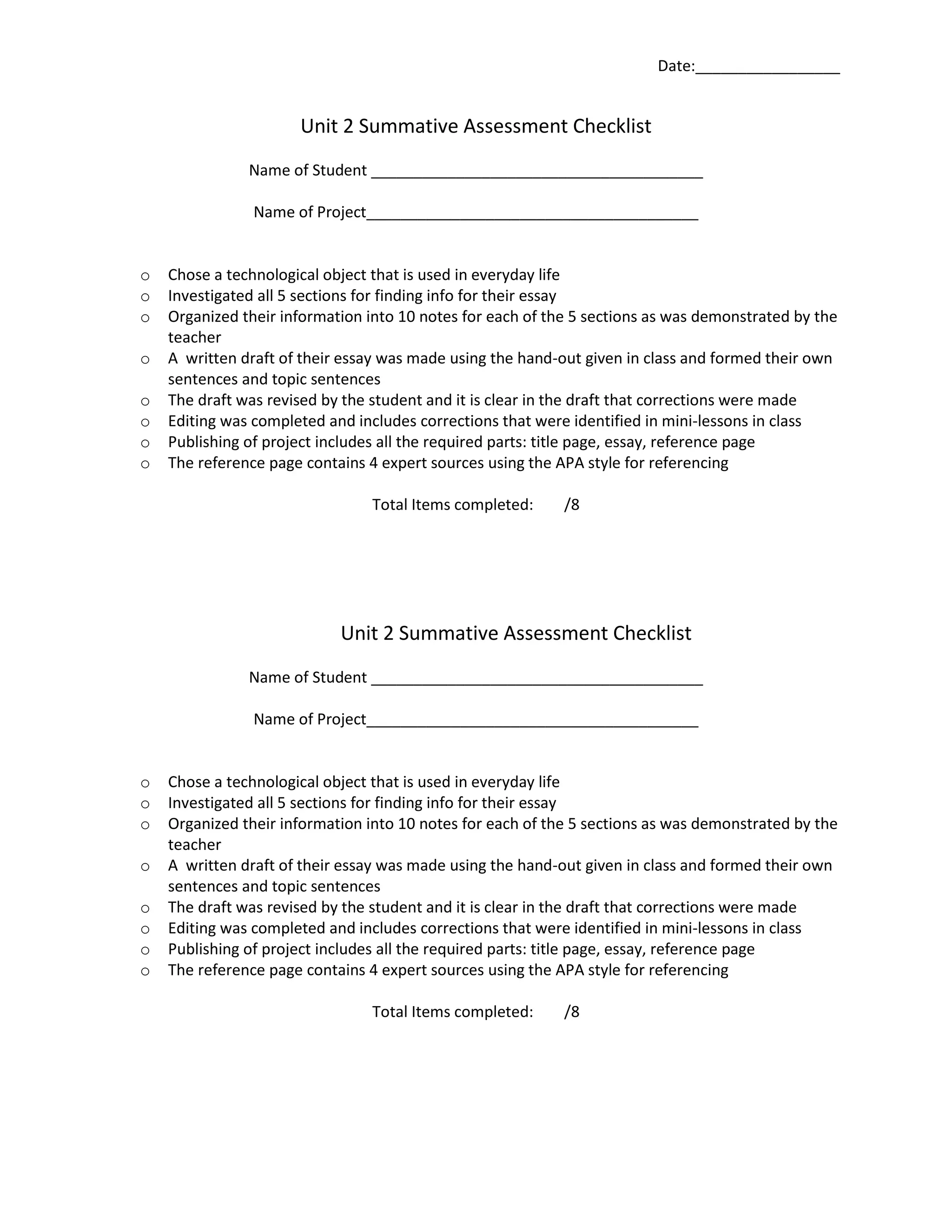 Unit 2 summative assessment checklist | PDF