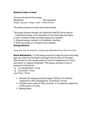 Nutritive value of food | PDF