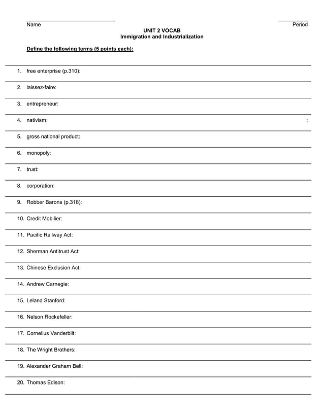 Unit 2 vocab (industrialization and immigration) | PDF