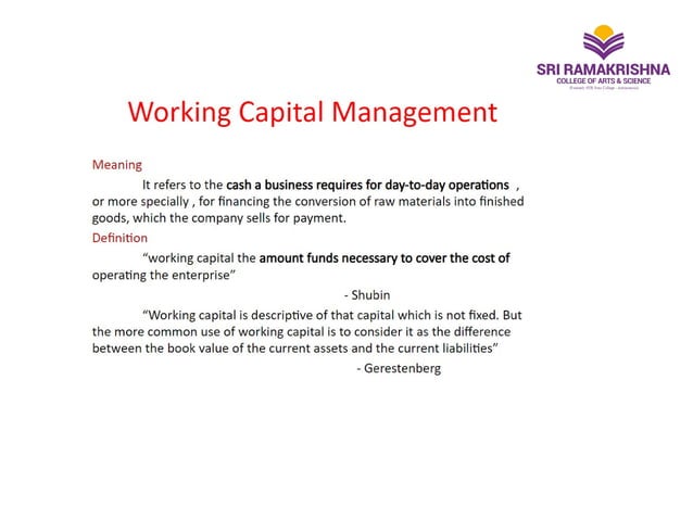 WORKING CAPITAL MANAGEMENT AND ITS USES FOR BUSINESS | PPTX