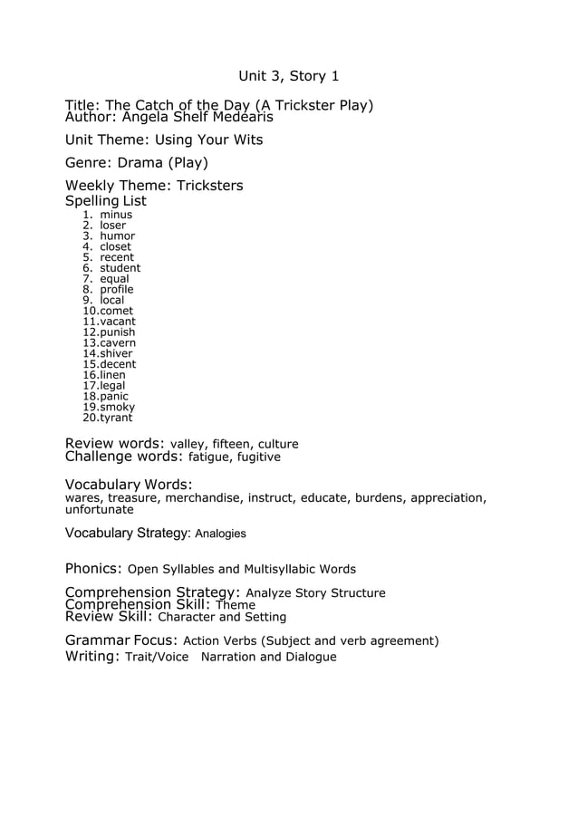 Unit 3 Story 1 Catch of the Day | DOCX