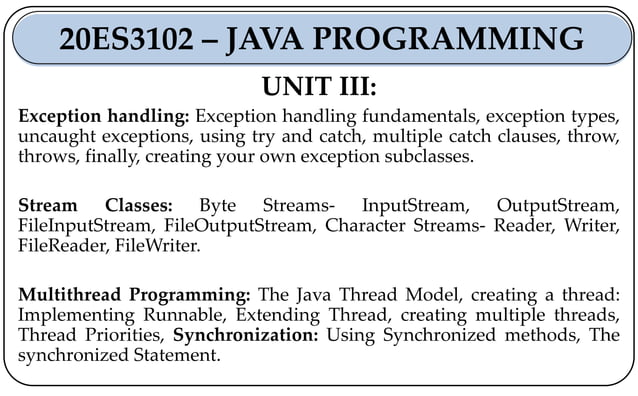 Exception handling, Stream Classes, Multithread Programming | PPT