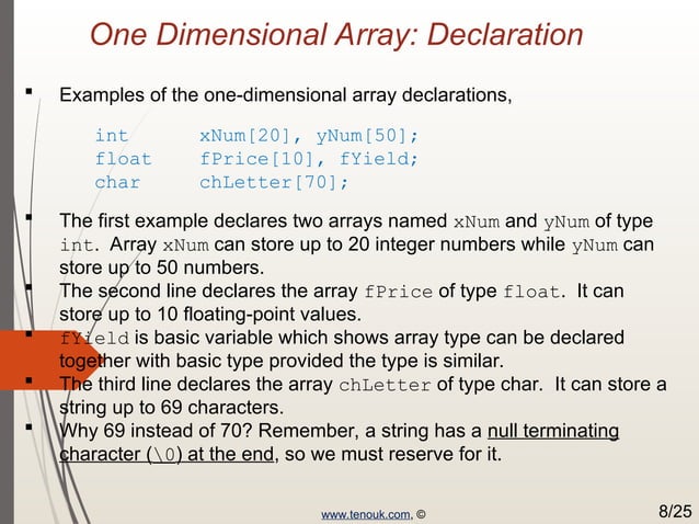 C array 1 and 2 dimension array, declaration.ppt