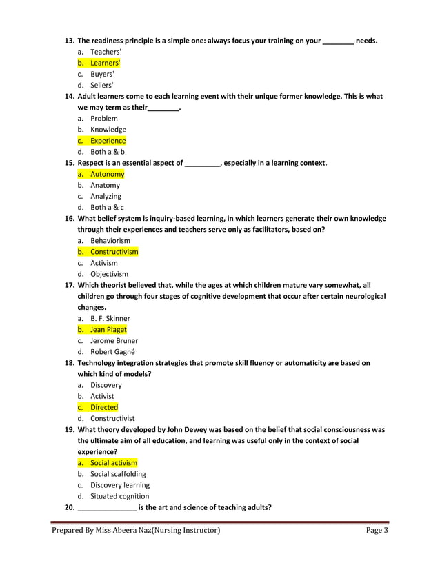 Unit 3 & 4.docx mcqs for teaching learning | DOCX | Adult Education ...