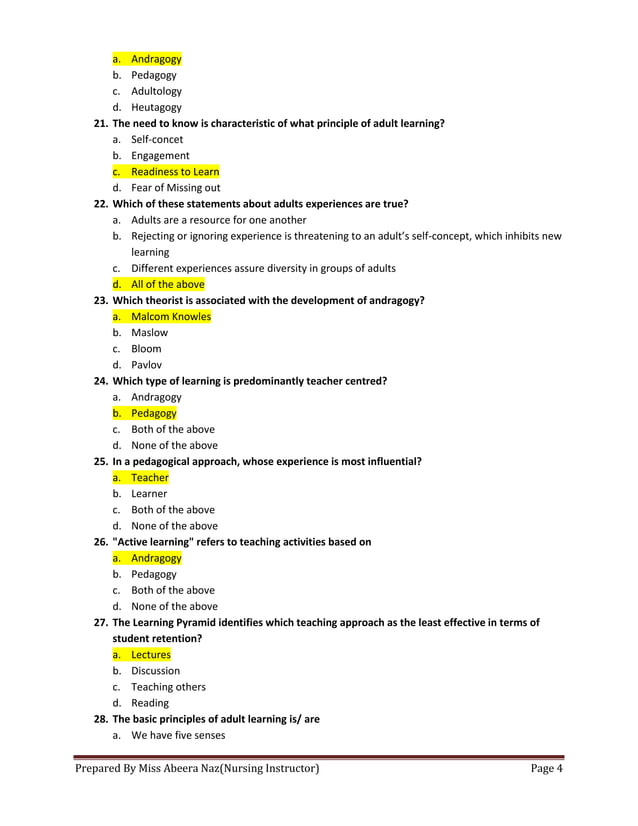 Unit 3 & 4.docx mcqs for teaching learning | DOCX | Adult Education | Education