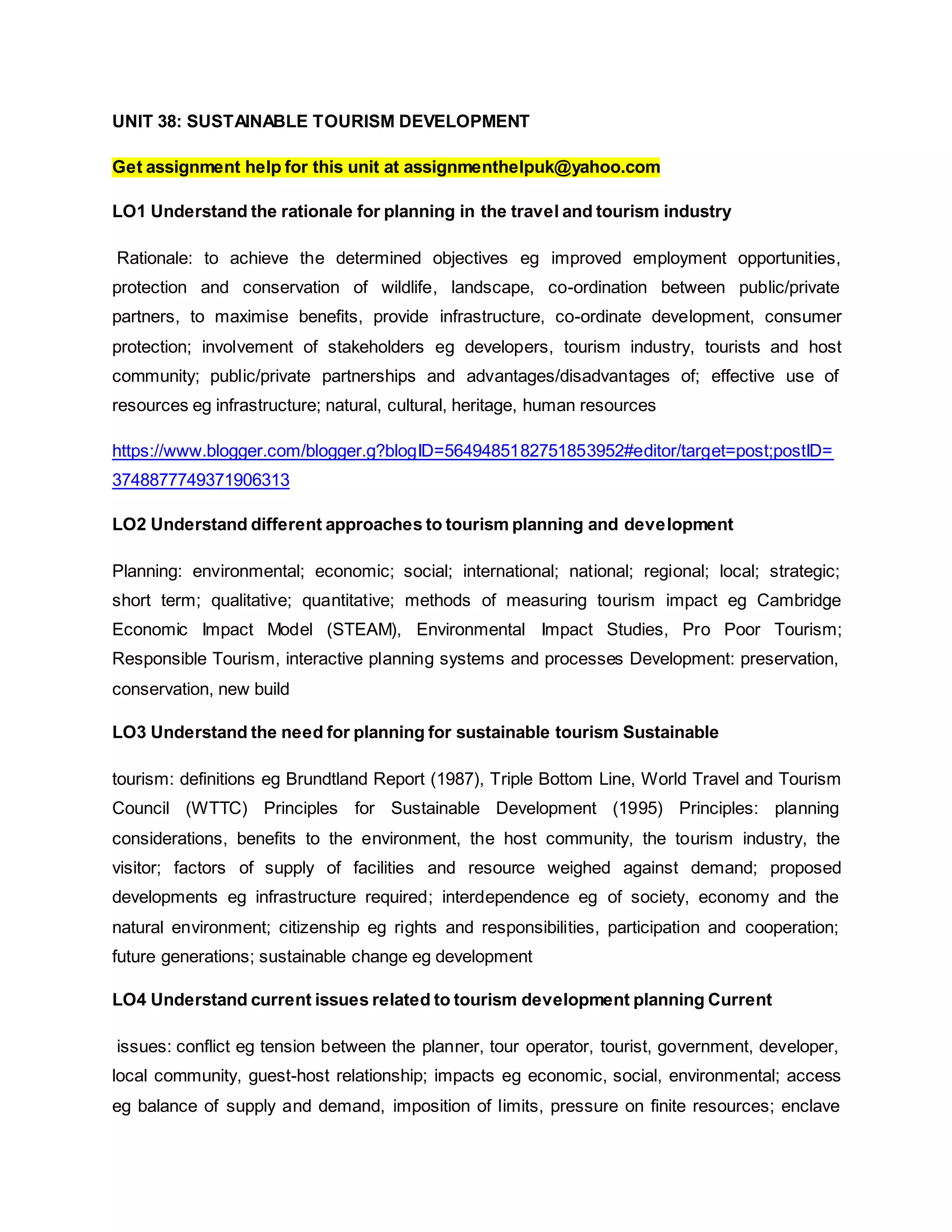 UNIT 38: SUSTAINABLE TOURISM DEVELOPMENT | PDF