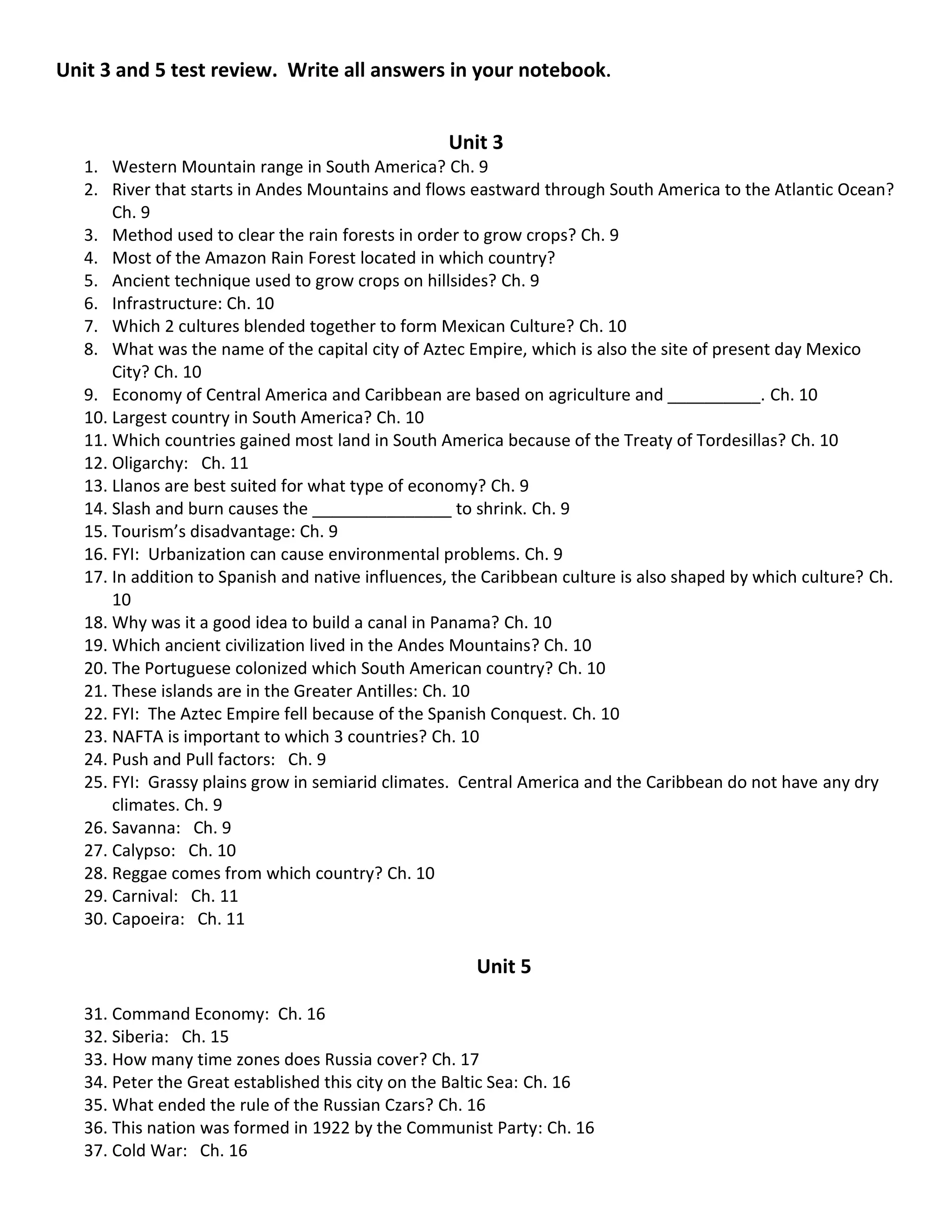 Unit 3 and 5 test review | DOCX