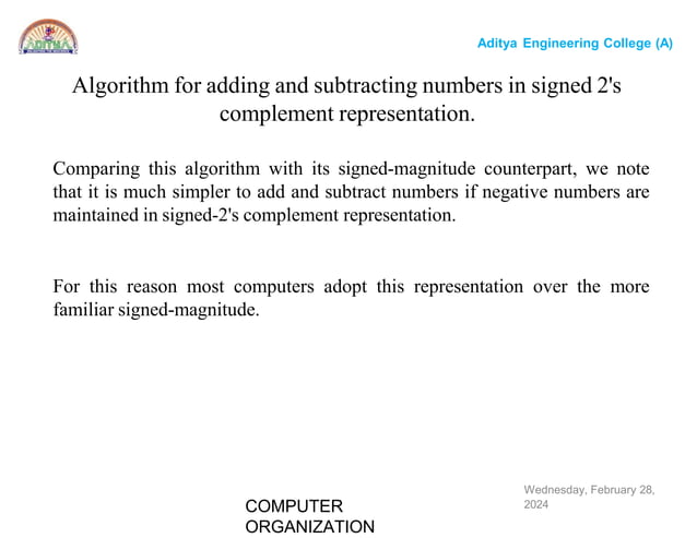 Computer organization algorithms like addition and subtraction and multiplication | PPTX