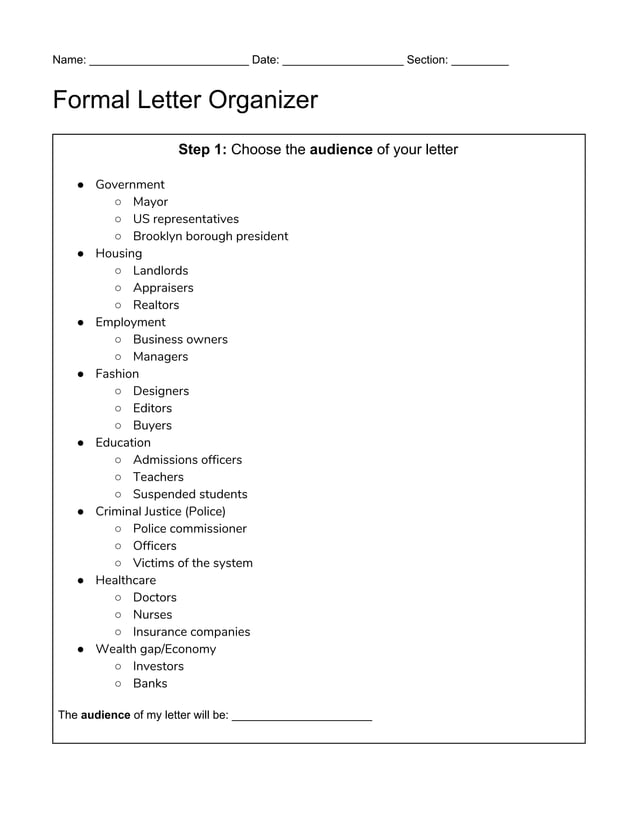 Unit 3 Formal Letter Writing Graphic Organizer | PDF