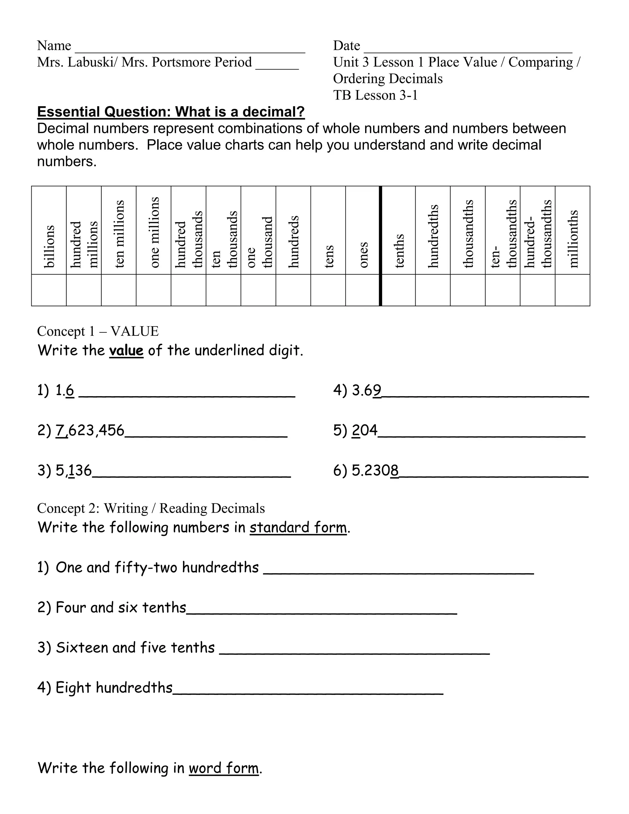 Unit 3 lesson 1 place value comparing ordering | DOCX