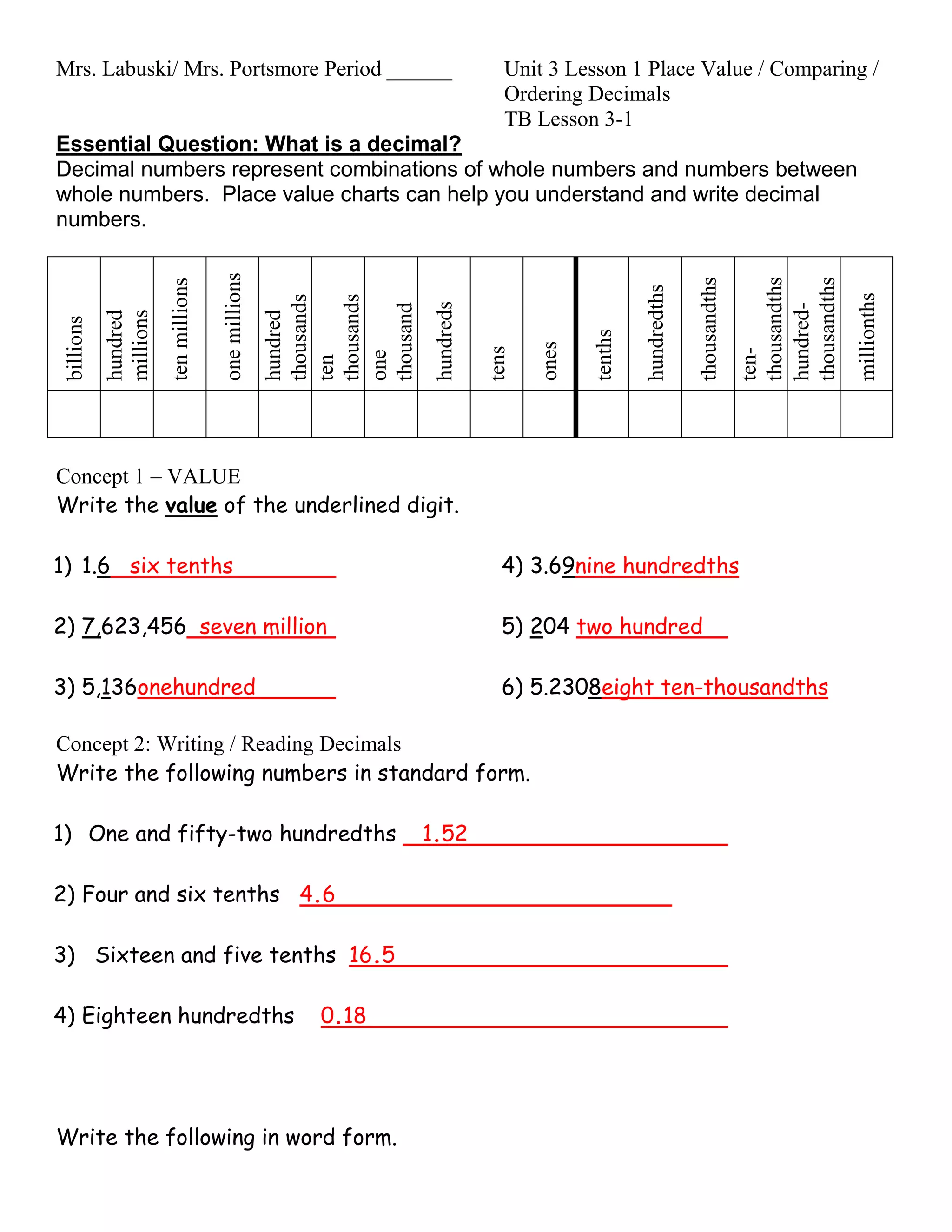 Unit 3 lesson 1 place value comparing ordering | DOCX