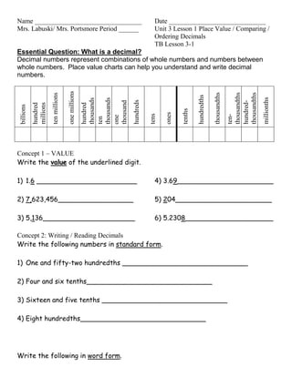 Unit 3 lesson 1 place value comparing ordering | DOCX
