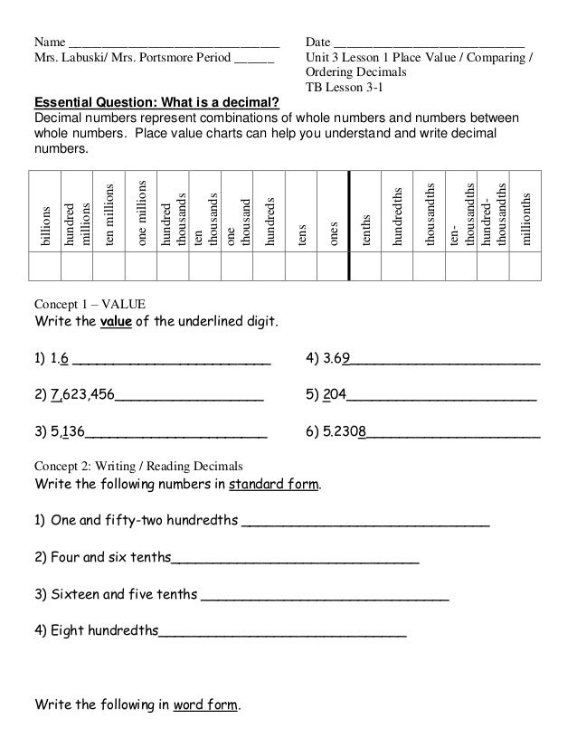 Place Value Ordering Worksheets