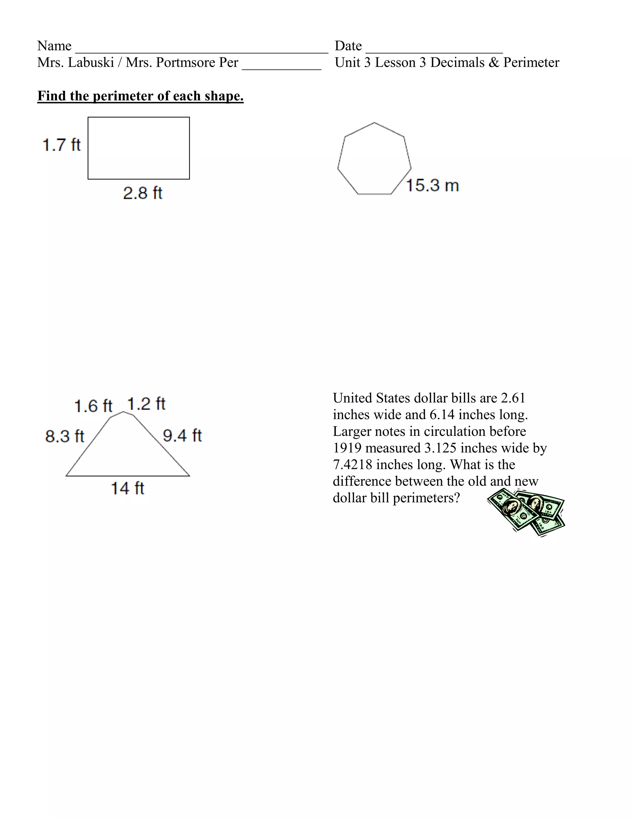Unit 3 lesson 3 decimals and perimeter | DOCX