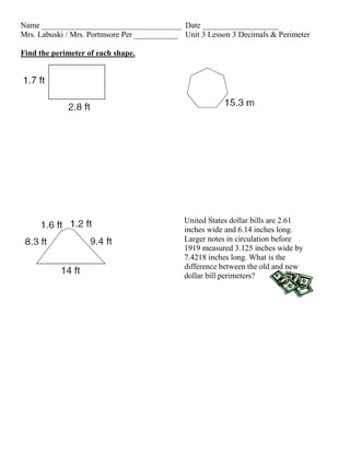 Unit 3 lesson 3 decimals and perimeter | PDF