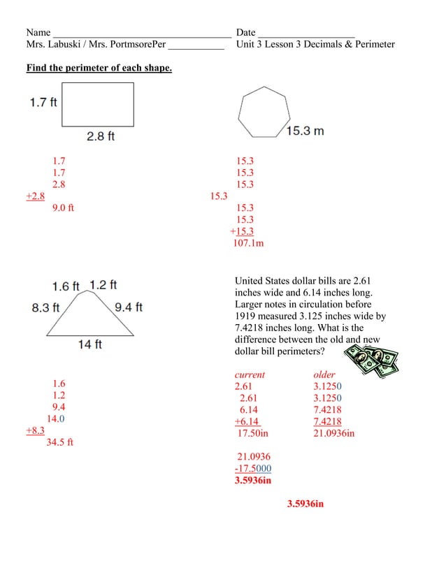 Unit 3 lesson 3 decimals and perimeter | PDF