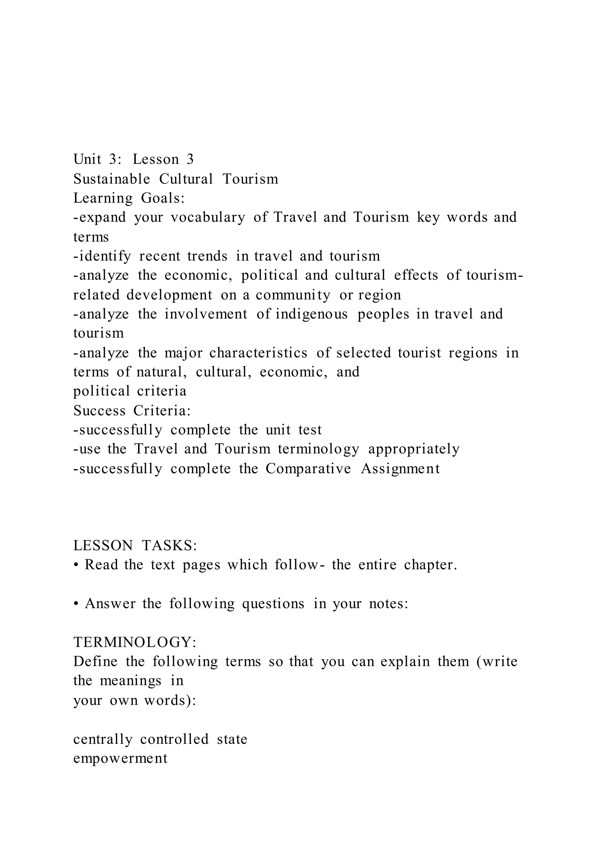 Unit 3 lesson 3 sustainable cultural tourism learning go | PDF