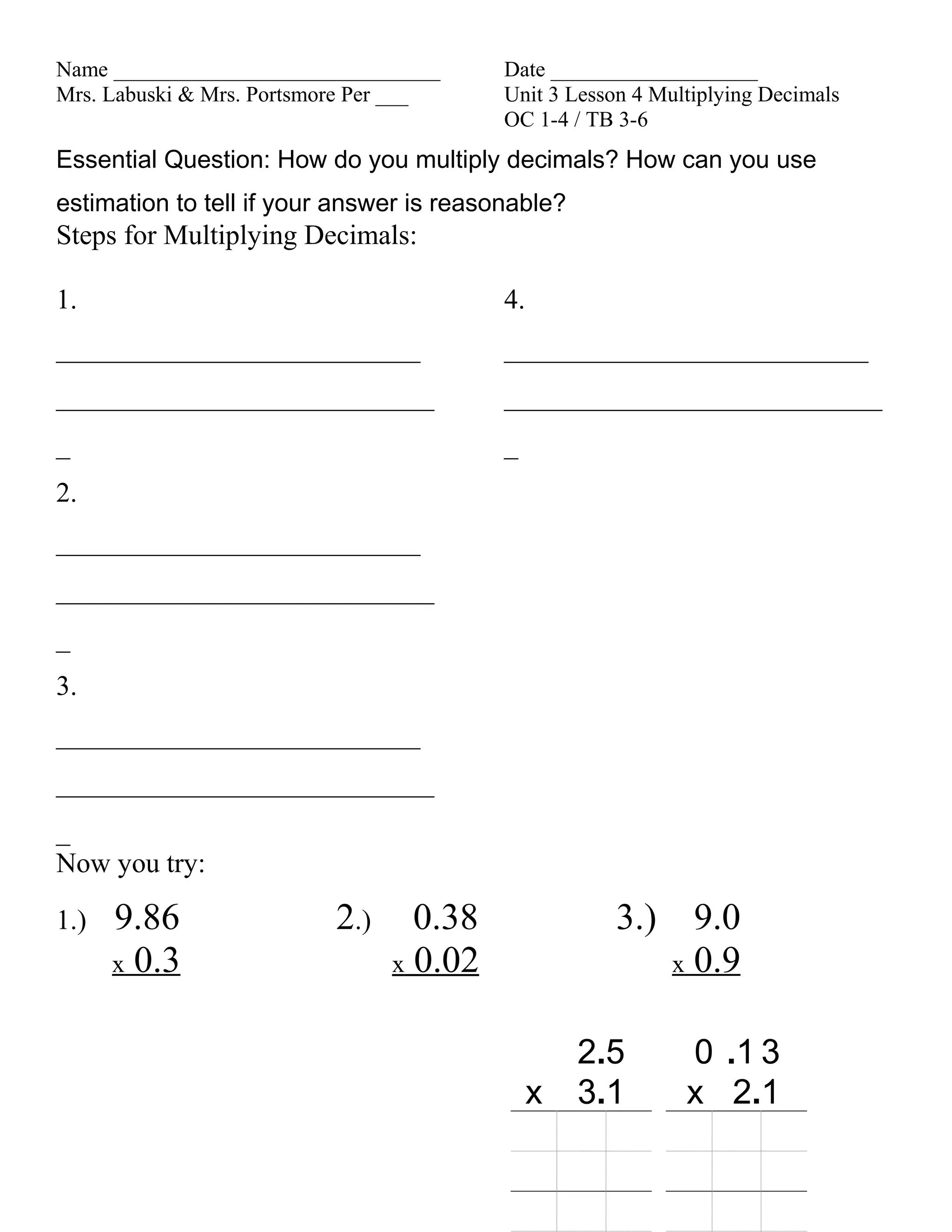 Unit 3 lesson 4 multiplying decimals | PDF