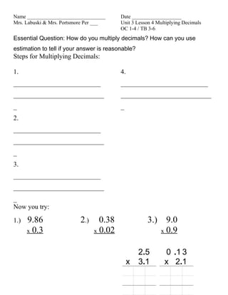 Unit 3 lesson 4 multiplying decimals | PDF