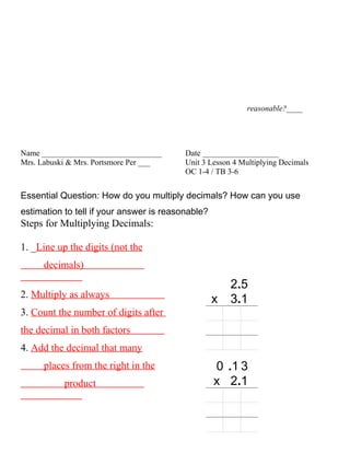 Unit 3 lesson 4 multiplying decimals | DOC