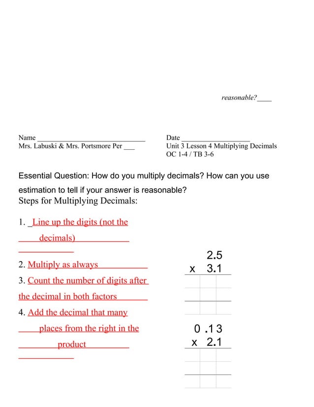 Unit 3 lesson 4 multiplying decimals | PDF