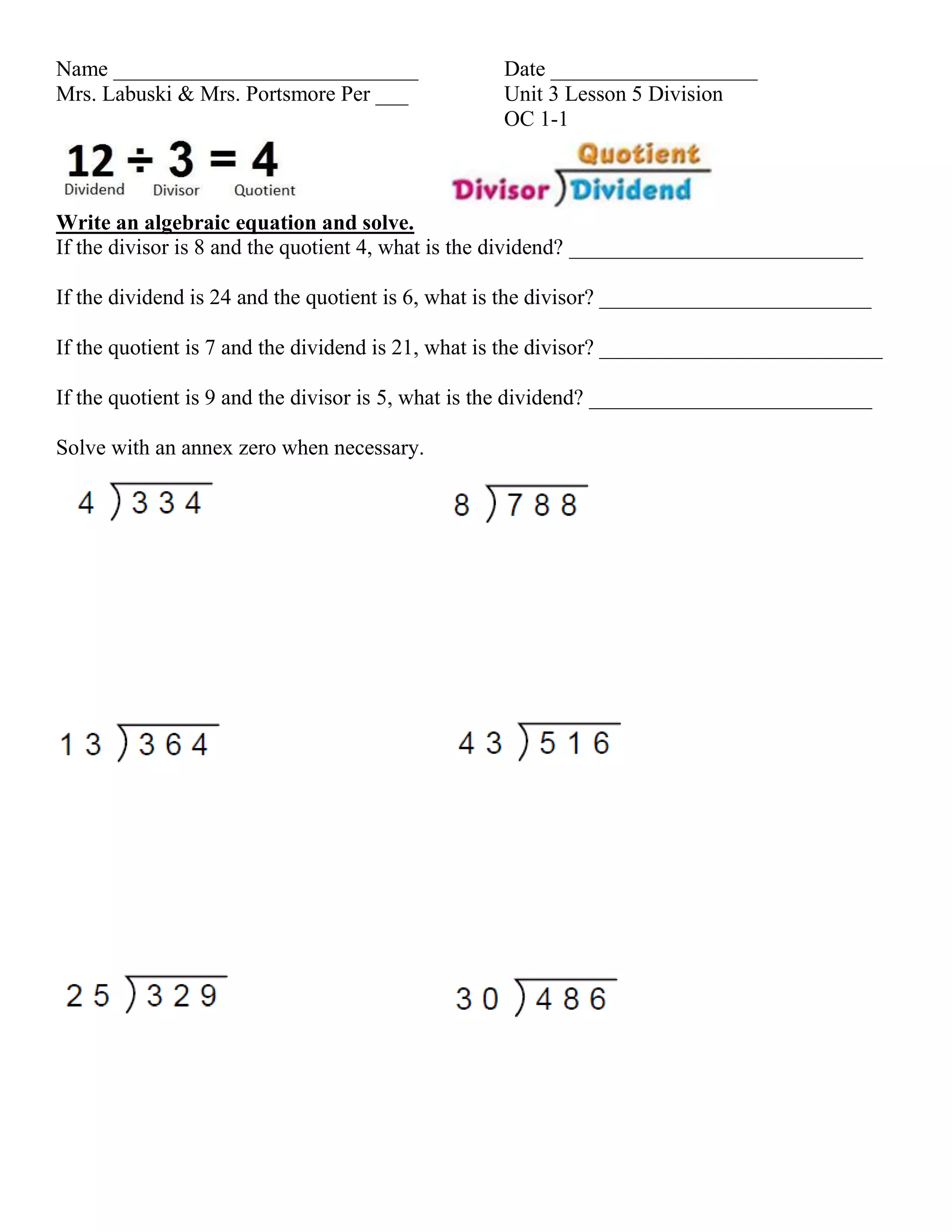 Unit 3 lesson 5 division | DOCX