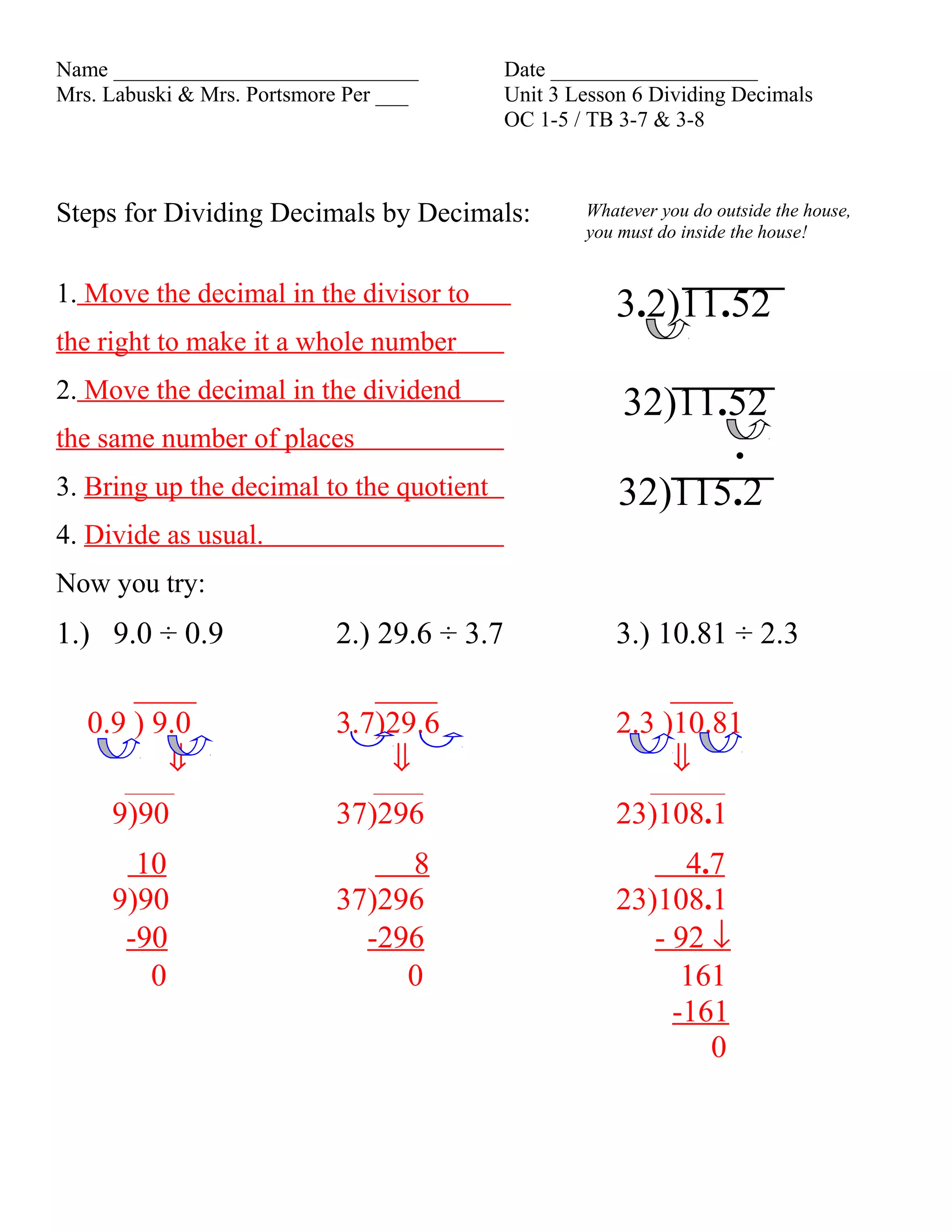 Unit 3 lesson 6 diving decimals | DOC