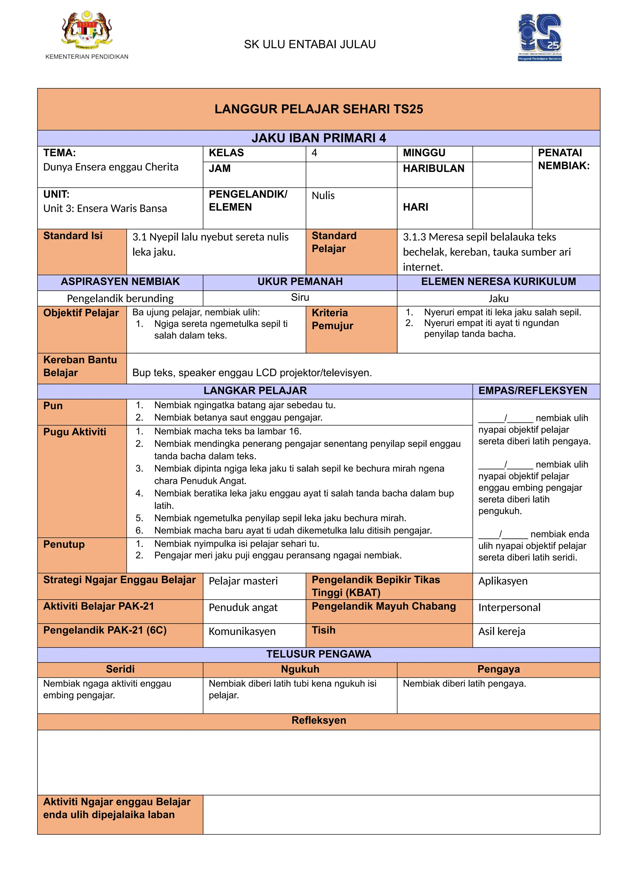 Rancangan Pengajaran Bahasa MelayuBahasa Melayu Unit 3 M5 | PDF